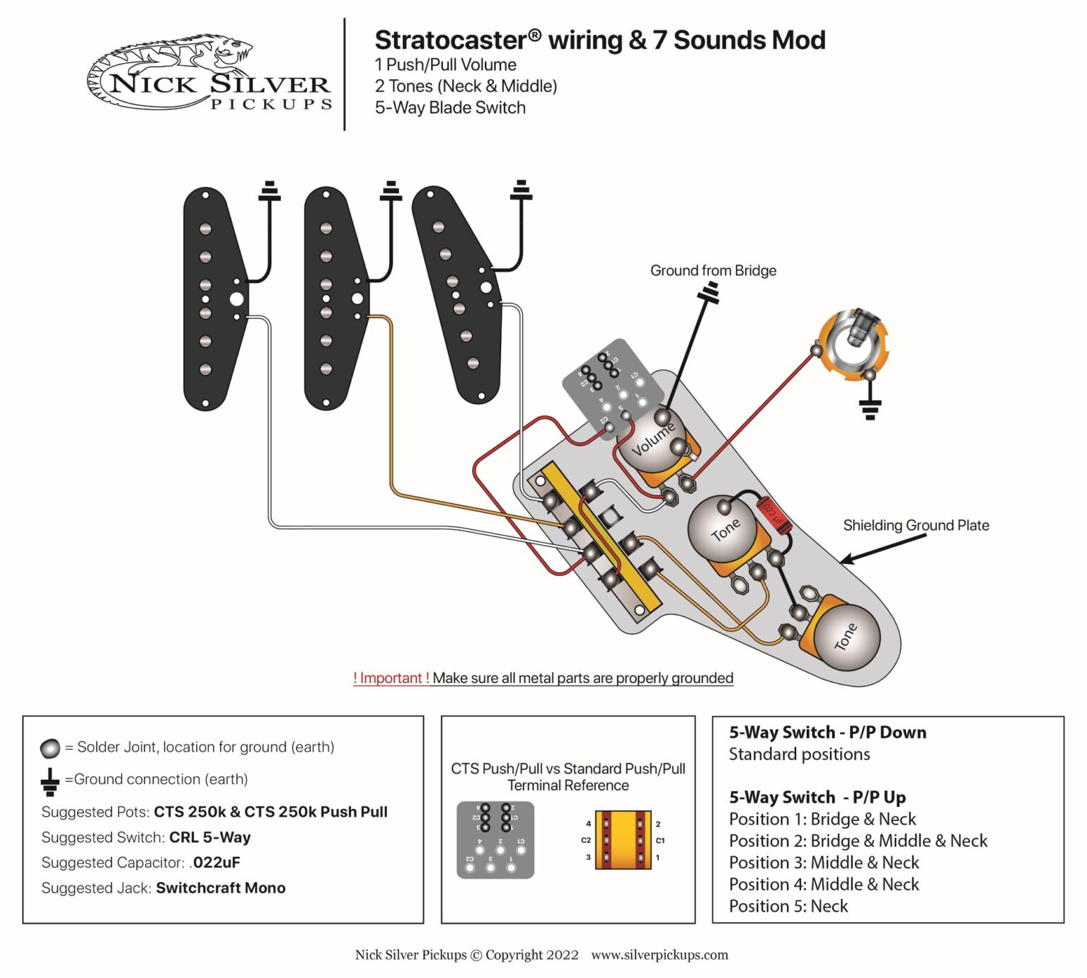 Strat 1V-2T-5-way-PP-7 Sounds | Nick Silver Pickups