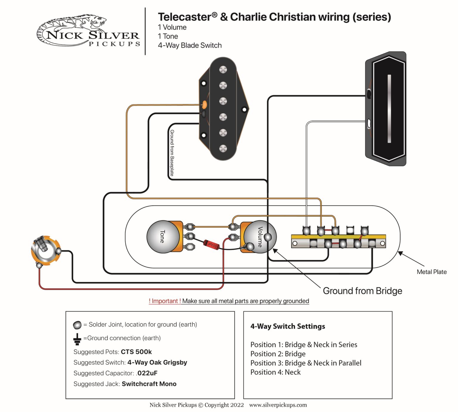 Tele Charlie 1V 1T 4-Way Series | Nick Silver Pickups
