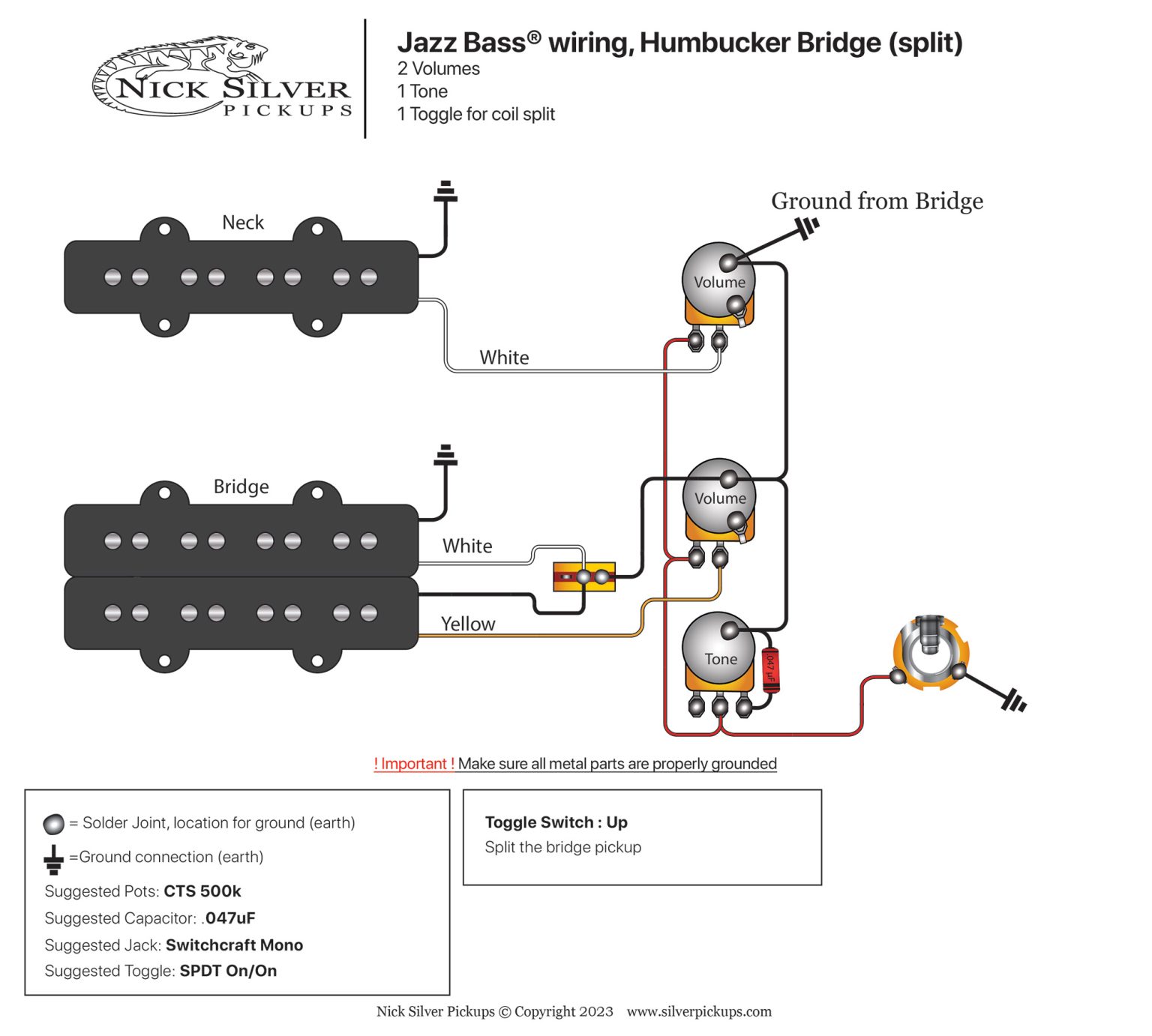 Jazz Bass Humbucker 2V 1T Toggle Split | Nick Silver Pickups