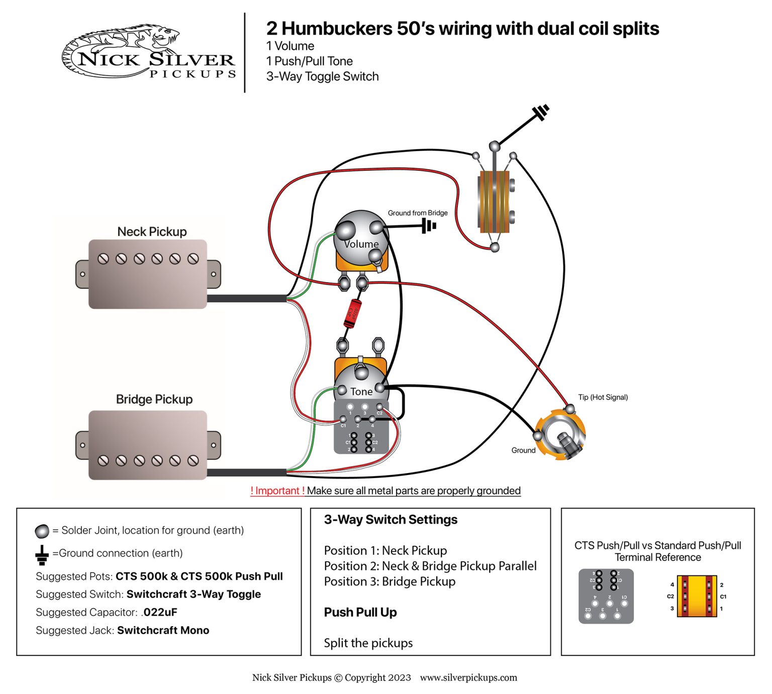 50's Humbucker 1V 1T 3-Way Toggle PP Split | Nick Silver Pickups